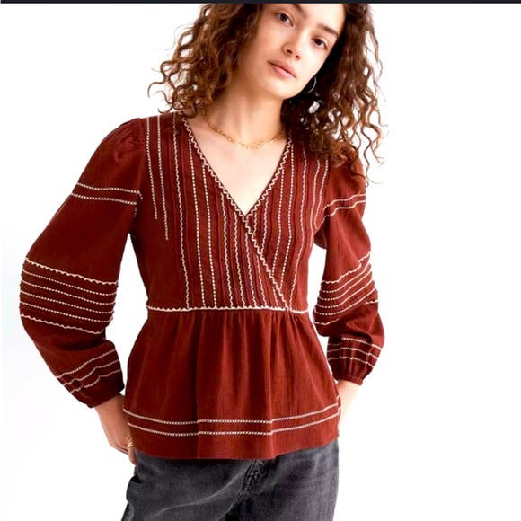Madewell | Tops | Madewell Embroidered Fauxwrap Top Red Burgundy Size ...